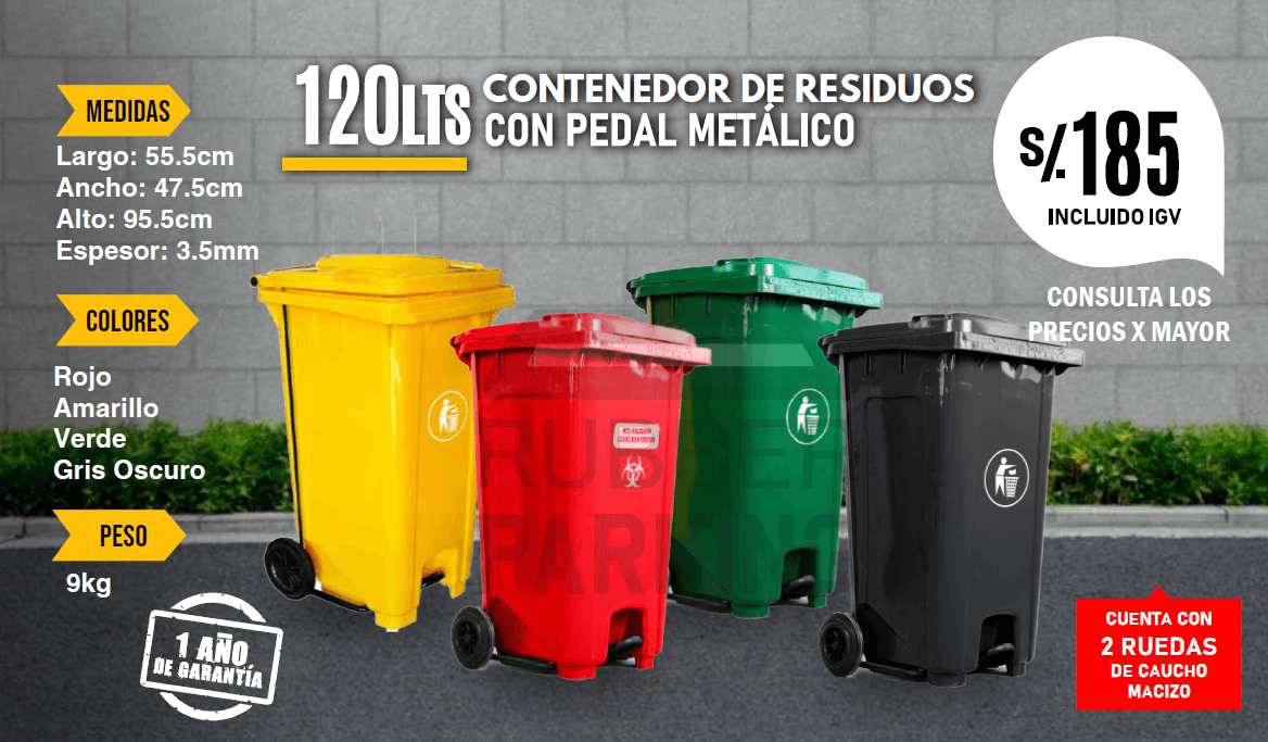 Contenedor de Basura 120 litros con pedal y 2 ruedas de caucho